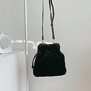Van Caro Women’s Fashion Fuzzy Shoulder Bucket Purse Drawstring Bag Cross Body Bag, Black
