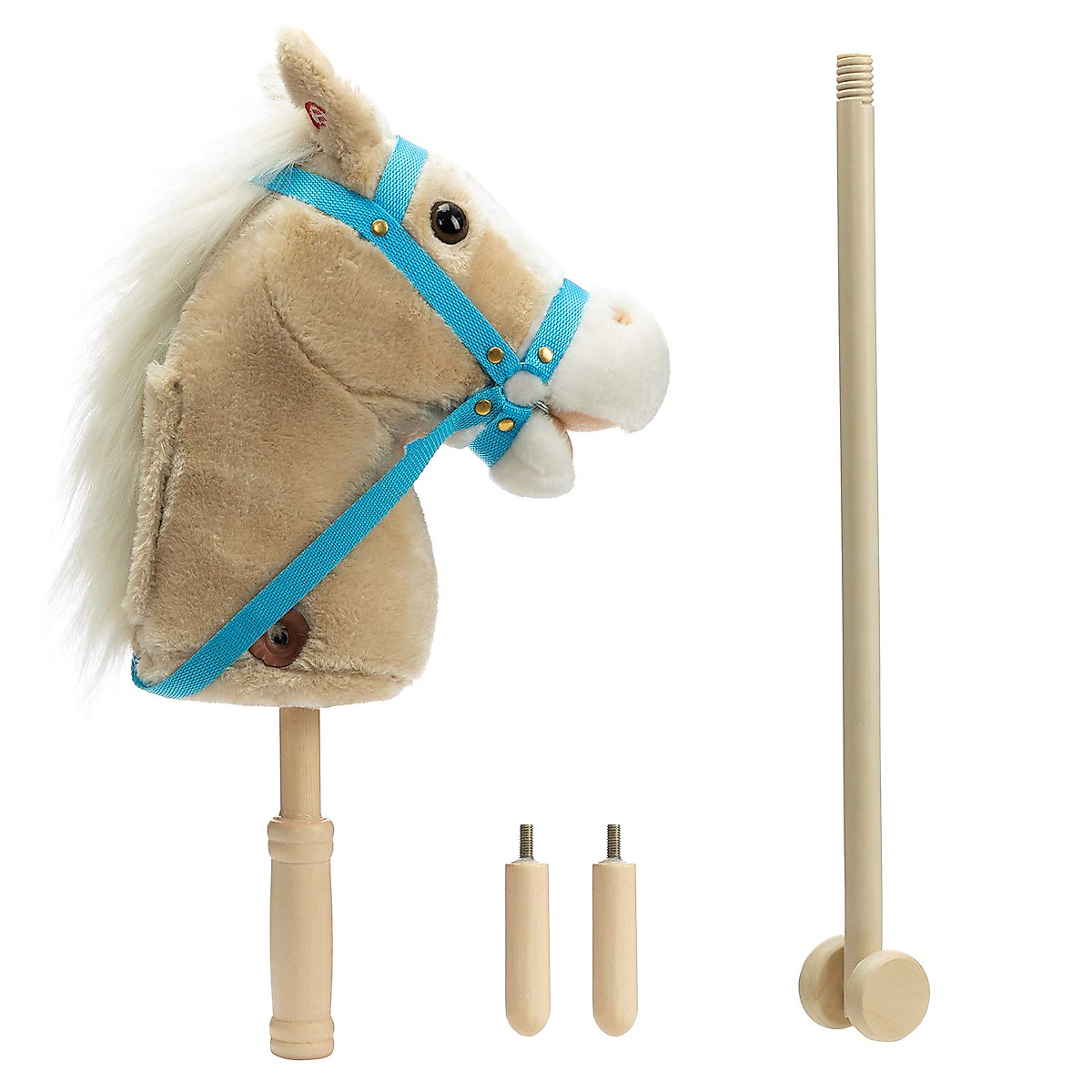 HollyHOME Stick Horse Plush Handcrafted Hobby Horse on a Stick with Wood Wheels Real Pony Neighing and Galloping Sounds for Kids Toddlers Beige 36 Inches(AA Batteries Required)