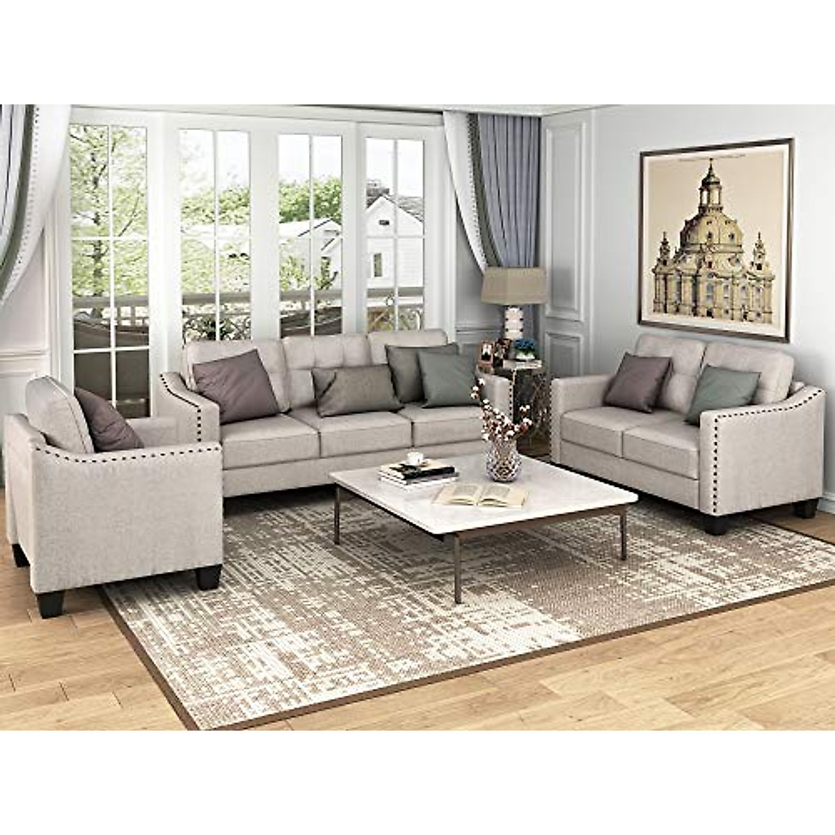 FULife 3-Piece Three Seaters Sofa Loveseat and Single Chair Living Room Furniture Set,Modern Button Tufted Upholstered Modular Sectional Couch for Aprtment/Office/Studio, Beige 77.2 in
