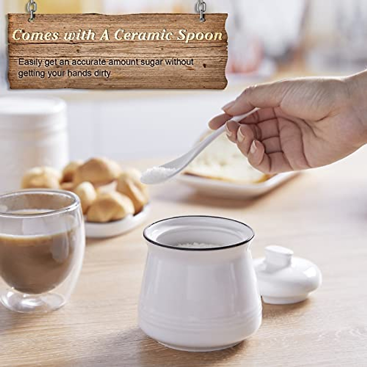 DAYYET Sugar Bowl with Lid and Spoon, 12 oz Ceramic Sugar Bowl with Spoon, Sugar Container for Coffee Bar, Sugar Jar Sugar Dispenser Bowl, Modern Kitchen Decor, White