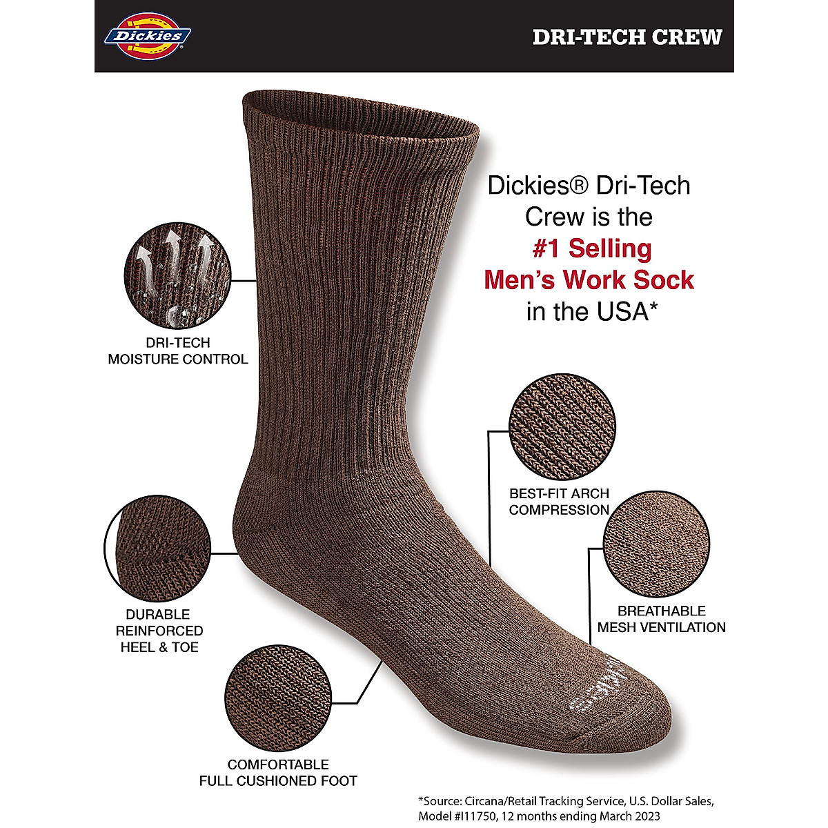 Dickies Men's Dri-Tech Essential Moisture Control Crew Socks, Available in M-XXL (6, 12, Solid Brown (6 Pairs), Large