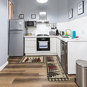 ARKENY Merry Christmas Kitchen Rugs Set of 2 ， Red Xmas Tree Floor Mat,Farmhouse Style Kitchen Decorations for Door Mats- 17x29 and 17x47 Inch AKM001