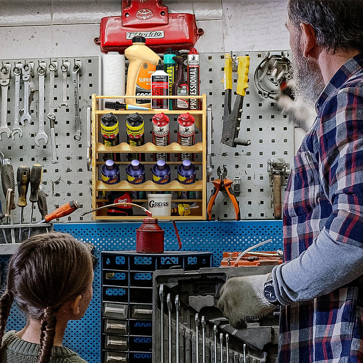 Nisorpa Spray Can Rack Holder Wooden Paint Bottle Organizer Lube Can Wall Mount Storage Rack Tool Storage Rack with 4 Hooks & 2 Selves for Garage & Workshop