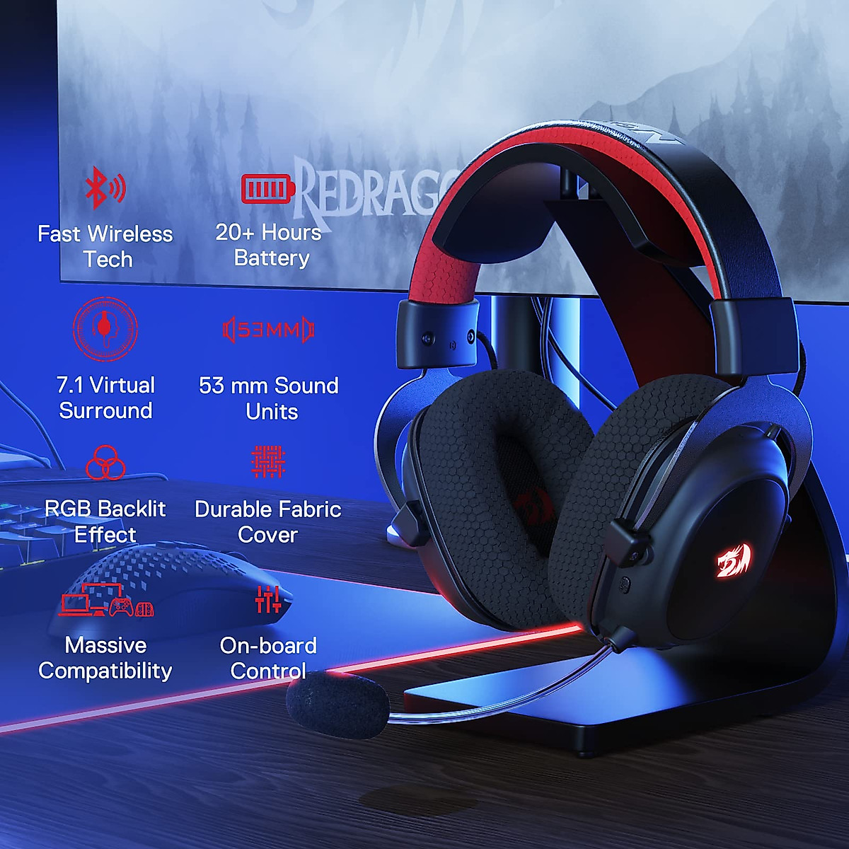 Redragon H510 PRO Zeus-X RGB Wireless Gaming Headset - 7.1 Surround Sound - 53MM Audio Drivers in Memory Foam Ear Pads w/Durable Fabric Cover- Multi Platforms Headphone - USB Powered for PC/PS4/NS