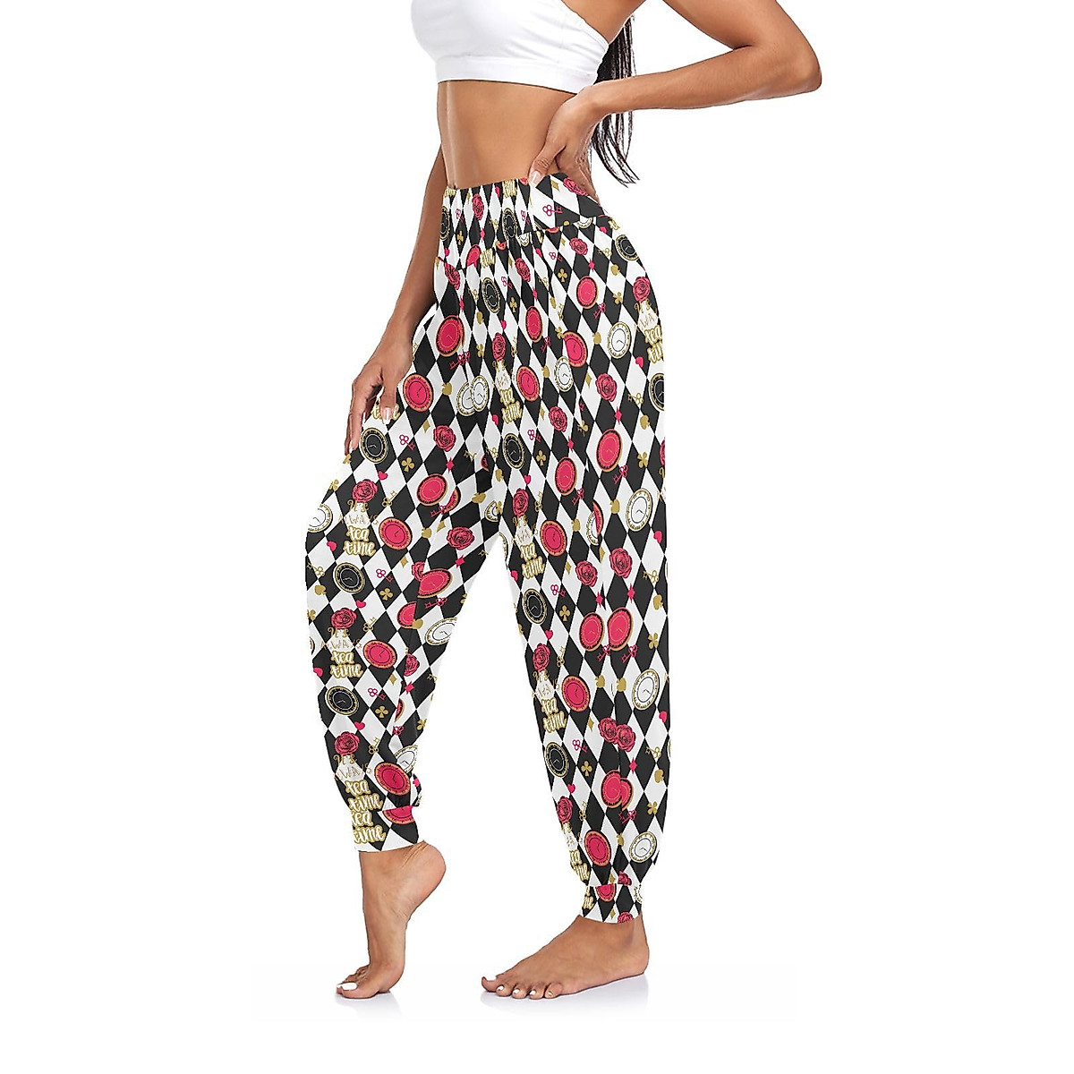Fustylead Alice Chess Board Women's Smocked Waist Yoga Boho Harem Pants Joggers Athletic Pants