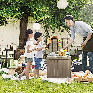 Flamaker 32 Gallon Deck Box Outdoor Waterproof Resin Storage Box with Lockable Lid Indoor Storage Bin for Patio Cushions, Toys (Brown)