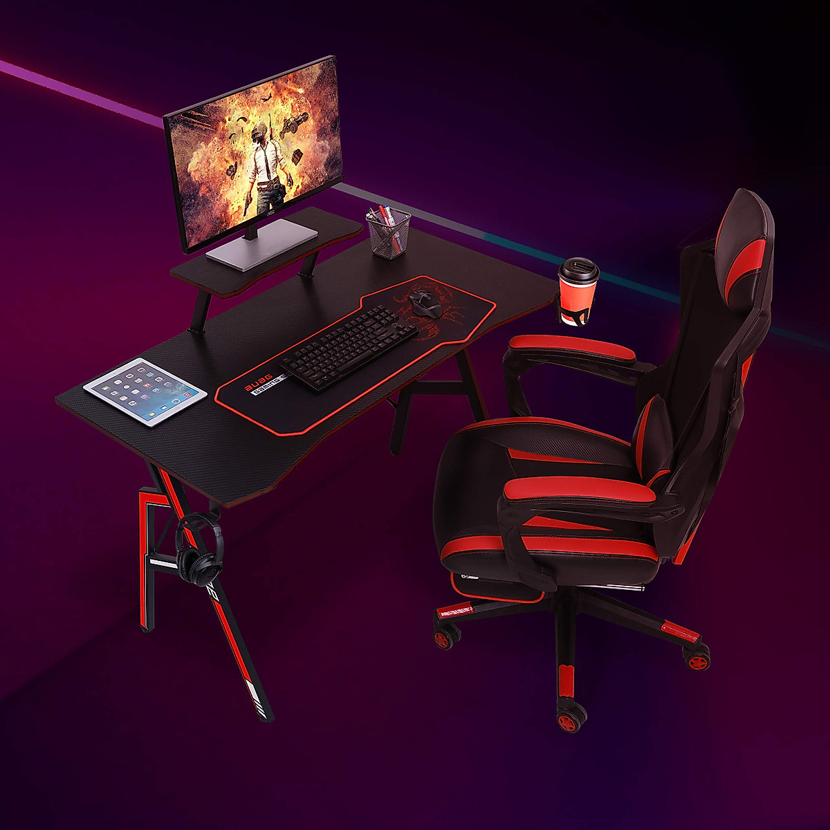 AuAg 44 inch Gaming Desk with Monitor Shelf PC Desk, A-Shaped Gaming Table Home Office Computer Desk Modern Ergonomic Racing Style Gamer Workstation with Cup Holder and Headphone Hook (44")