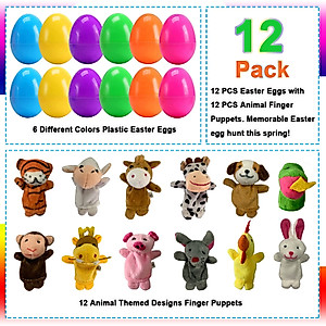 12 Pack Easter Eggs Filled with Animal Finger Puppets, Easter Basket Stuffers Surprise Easter Gifts Prefilled Mini Finger Plush Toys Hunt Party Favors for Kids