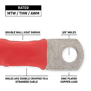 Exell Battery 2/0 Interconnecting Copper Cable, 8-inch Length with 3/8-inch Lugs, Red