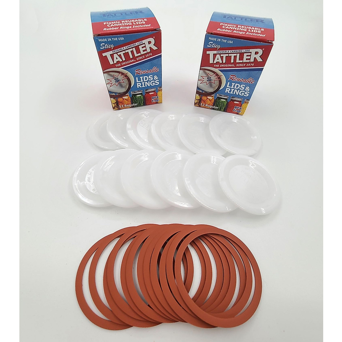 Reusable Canning Lids Bundle Includes 24 Regular Mouth Tattler Lids and Rings and 24 Dissolvable Sunivale Jar Labels For Use With Hot Water Bath, Vacuum Sealer and Pressure Canning Methods Made in USA