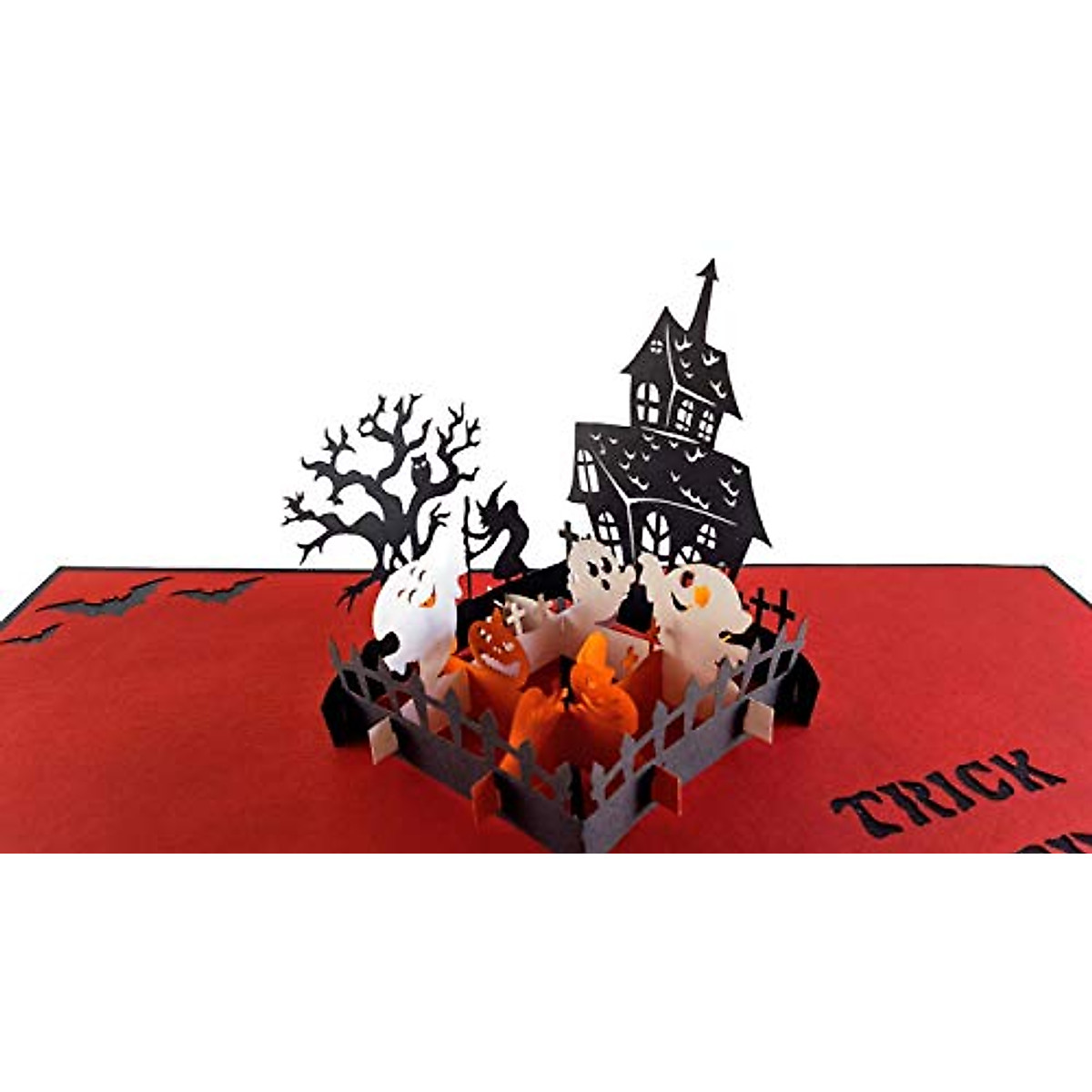 iGifts And Cards Trick or Treat Halloween 3D Pop Up Greeting Card - Cute Jack-O-Lantern, Pumpkin, Happy Birthday Gift, Haunted Mansion Hitchhiking Ghosts, Spooky Witch, Scary Owl, Chilling Cementery