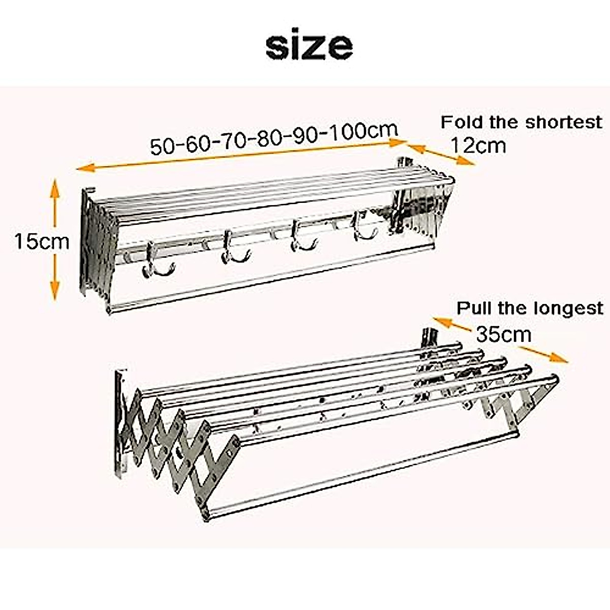 FAXIOAWA Retractable Wall-Mounted Dryer Folding Clothes Drying Rack 50-100Cm 6 Rail Towel Bar Hook Pole Airer Washing Line Bathroom Dryer Balcony Indoor Outdoor,60cm