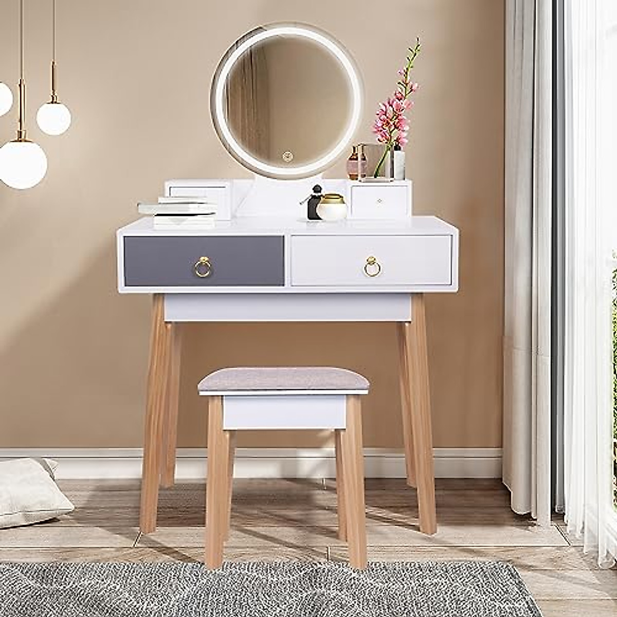 Bituman Makeup Vanity Set with 3-Color Dimmable Lighted Mirror, Bedroom Makeup Dressing Table with Cushioned Stool Modern Vanity Desk with 4 Drawers for Girls Women, White+Gray