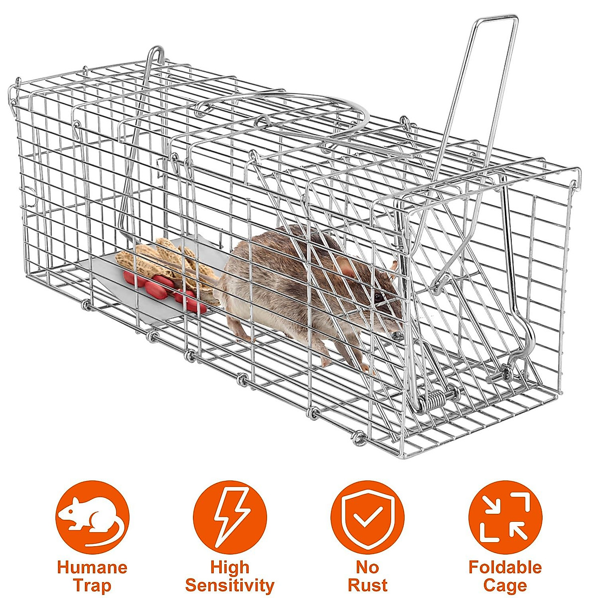 KOCASO Humane Live Rat Trap Foldable Live Animal Trap Humane Foldable Rat Trap Cage W/Detachable L Shaped Rod Squirrel Trap Galvanized Iron Mice Mouse Cage/Small Groundhog Control Bait Catch