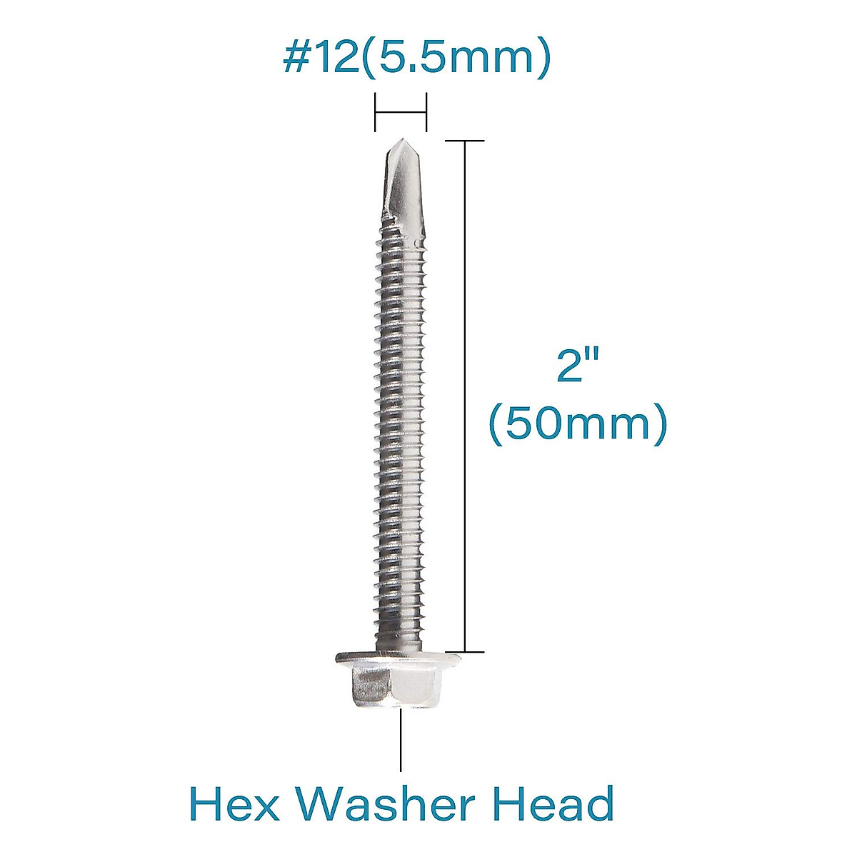 IMScrews 50pcs #12 x 2" Stainless Hex Washer Head Self Drilling Screws, 410 Stainless Steel Full Thread Sheet Metal Tek Screws