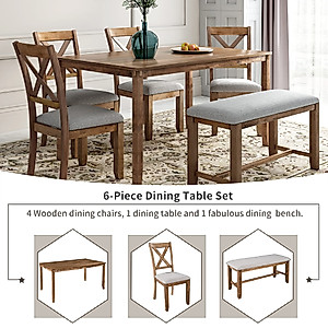 Merax 6-Piece Kitchen Set, Wooden Rectangular Dining-Table, 4 Chairs and Bench Family Furniture, Natural Cherry & Beige