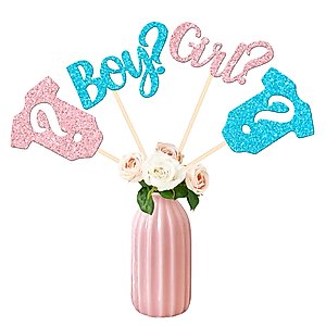 12 PCS Boy or Girl Centerpiece Sticks Double Sided Glitter Onesie Question Mark Gender Reveal Table Flower Centerpieces Sticks for Baby Shower Kids Birthday Party Table Flowers Decorations Supplies