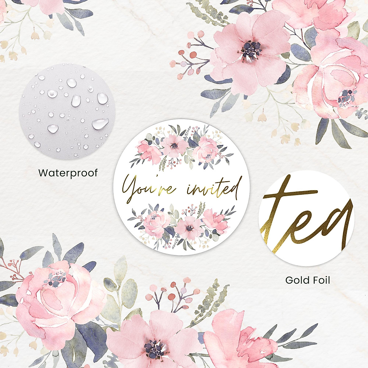 Mobiusea Creation Floral Party You're Invited Envelope Seal Stickers | 1.4 inch | Gold Foil | 54pcs Waterproof Invitation Stickers for Wedding, Bridal Shower, Birthday, Boho Girl Baby Shower