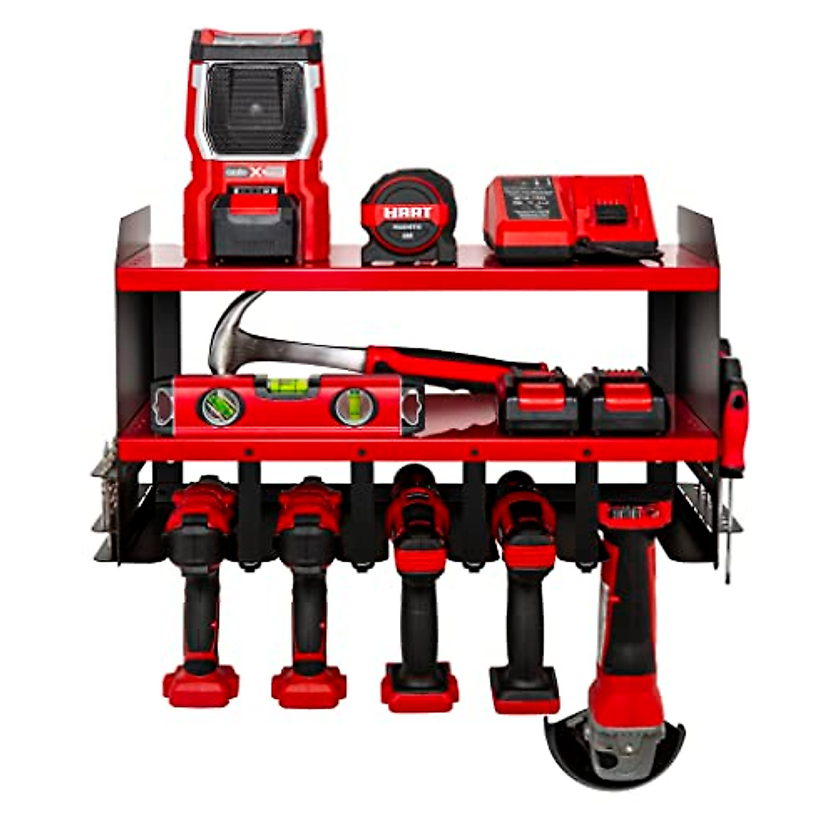 Toolganize Power Tool Organizer & Storage Wall Mount - Heavy Duty Metal Drill Holder & Cordless Tool Organizers Chest Rack - Premium Garage Utility Shelf & Pegboard Shed Workshop Shelving - Red