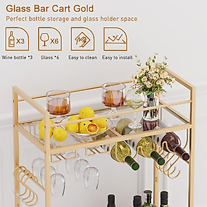 Bar Cart Rose Gold Home Bar Serving Mobile Cart, 2 Tiers Wine Cart with Wine Rack and Glass Holder, Modern Rolling Alcohol Wine Cart, Wine Holders for Home Kitchen Dining Living Room and Party Copper