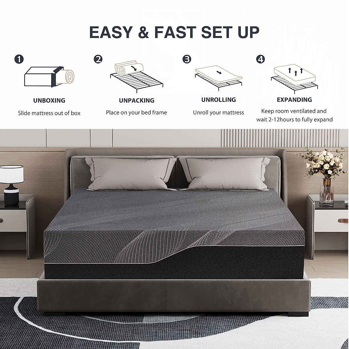 Dyonery Queen Mattress 14 Inch Charcoal Memory Foam Mattress in a Box, CertiPUR-US Certified, Fiberglass Free, Cooling Gel Double Mattress, Made in USA, 80" × 60" × 14", Medium