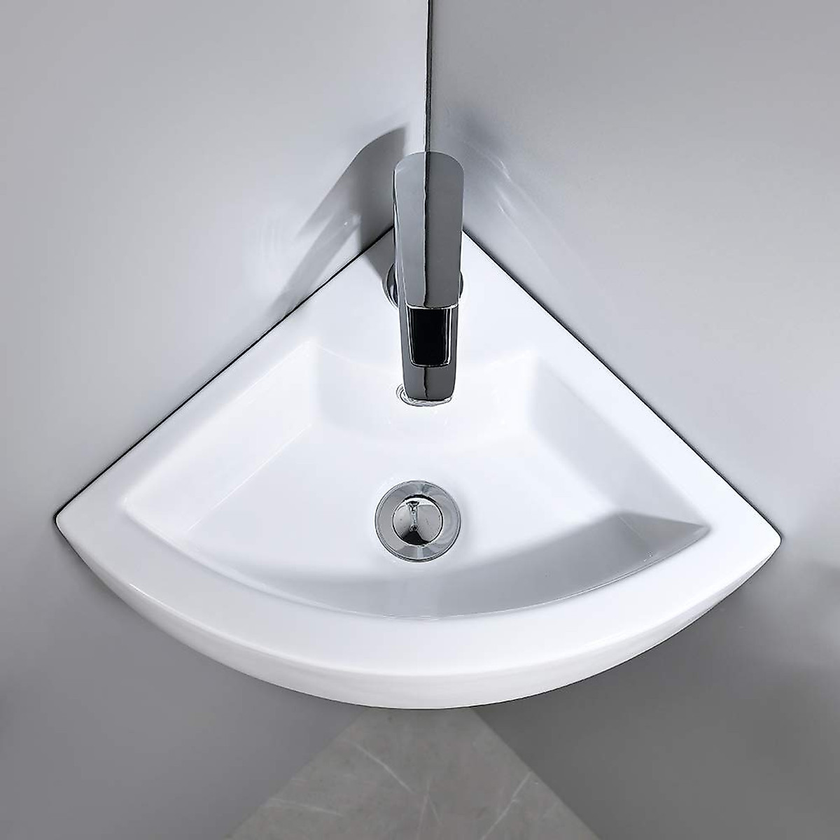 VOKIM Small Corner Wall Mount Bathroom Sink and Faucet Combo with Overflow White Porcelain Ceramic Above Counter Mini Vanity Vessel Sink with Chrome Faucet and Pop-up Drain Combo