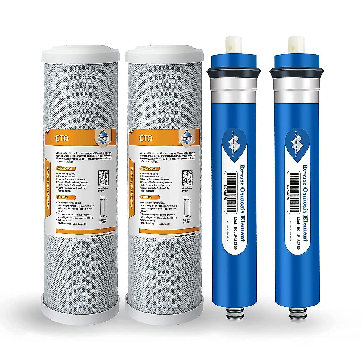 Combo Pack for FX12M and FX12P, Membrane Solutions Water Filter Replacement Cartridge for GE GXRM10RBL GXRM10G SmartWater Reverse Osmosis Systems, 2x Carbon Filters, 2x RO Membrane Filter 50GPD