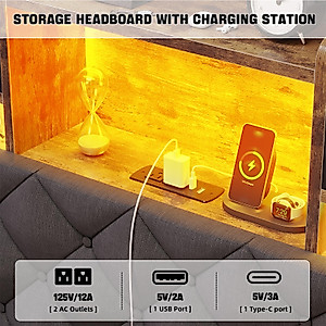 busyaeh Queen Bed Frame with Storage Bed with 4 Drawers Bookcase Headboard Bed Frame with LED Lights and Bookcase Headboard LED Bed Frame with Storage and Charging Station Vintage Brown