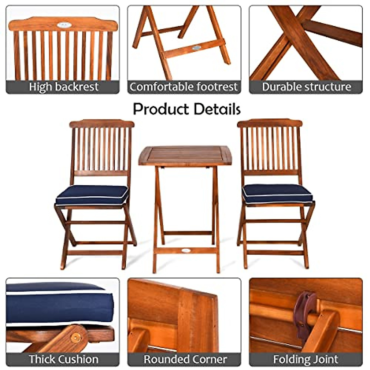 WYKDD 3PCS Patio Folding Wooden Bistro Set Cushioned Chair Conversation Table Chair Seat Cushion