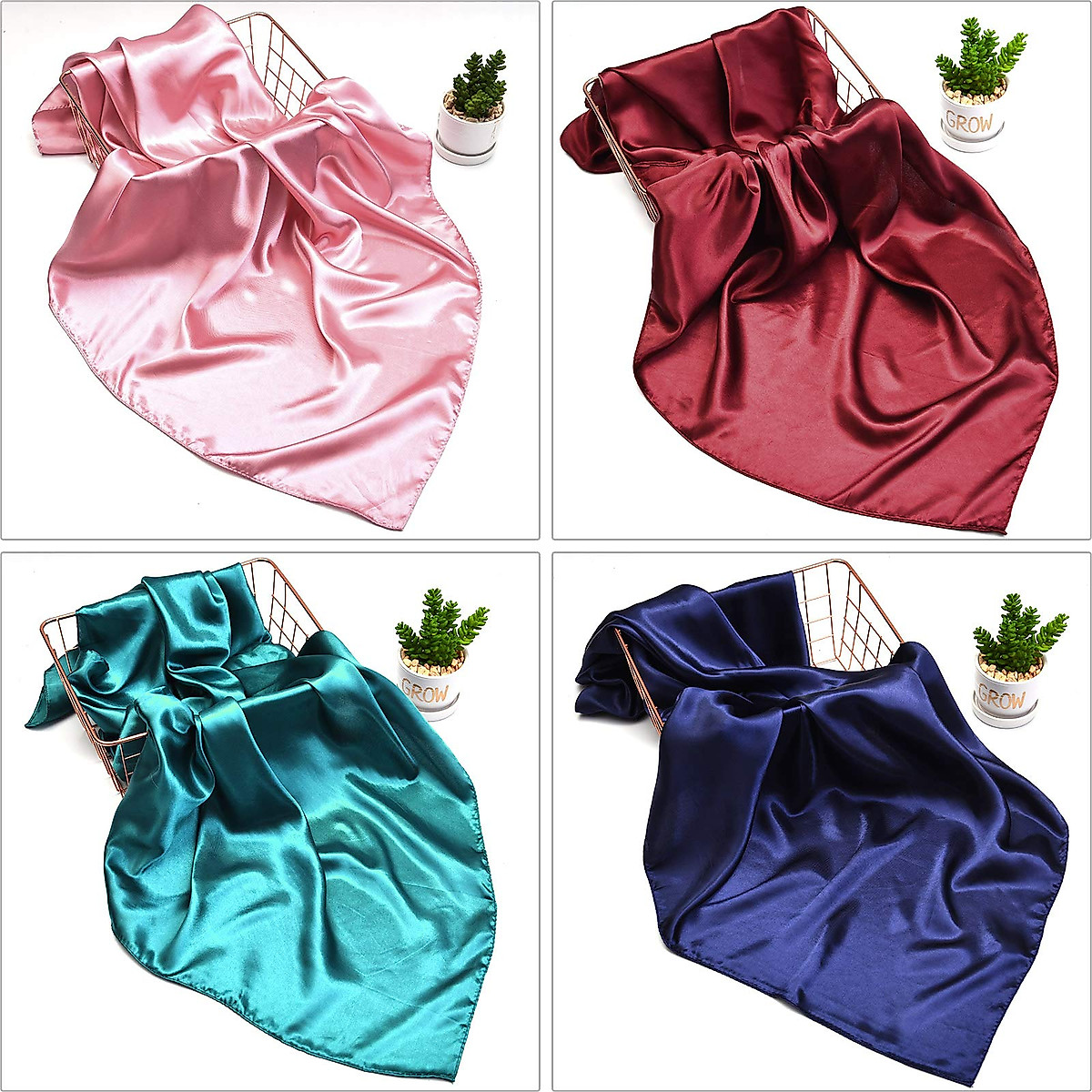 Syhood 4 Pcs 35 Inch Satin Large Bandana Satin Head Scarves Head Scarf for Women's Hair Square Scarf(Navy Blue, Wine Red, Skin Pink, Blue)