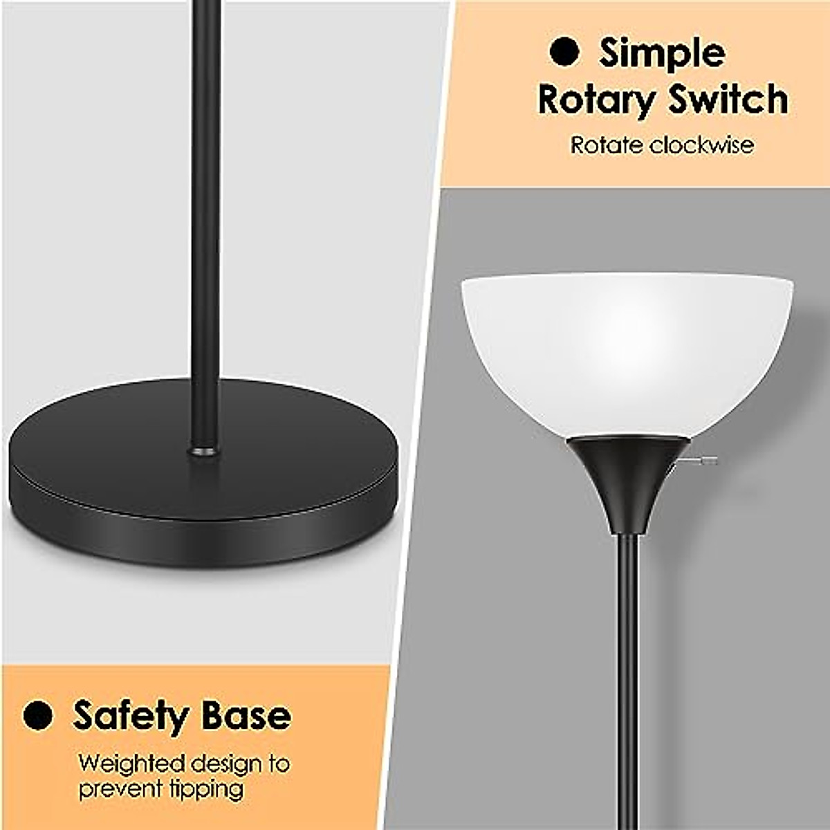 Coucrek Floor Lamp, LED Standing Lamps with White Plastic Shade, Black Modern Torchiere Floor Lamp, Tall Lamps for Living Room Dorm Bedroom Office, Rotary Switch, E26 Base, Bulb not Included