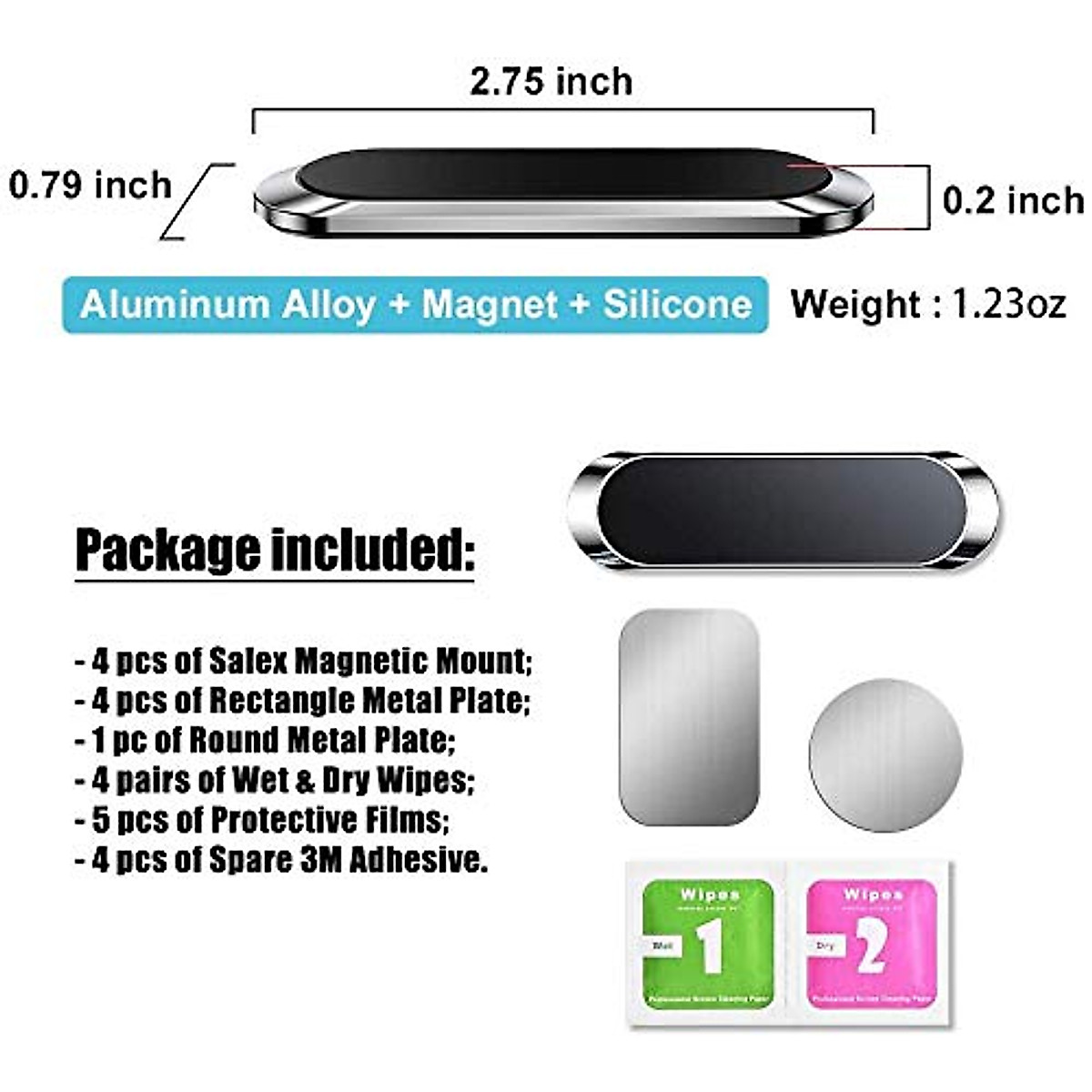 SALEX Flat Magnetic Phone Mounts 4 Pack. Black Cell Phone Holder for Car Dashboard, Wall, Truck. Universal Stick on iPad Wall Magnet Mount Kit for Tablets, Smartphones. Magnetic Phone Mount for iPhone