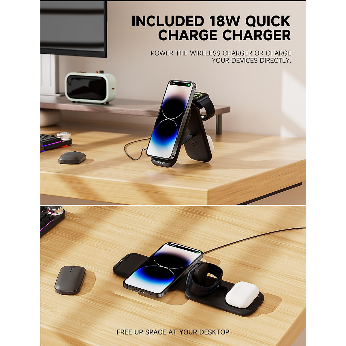 3 in 1 Wireless Charging Station for Apple, VOIDAY Ace Foldable Mag-safe Charger, Magnetic Travel Pad for iPhone 14/13/12 Series,iWatch Series, AirPods Series (Adapter Included)