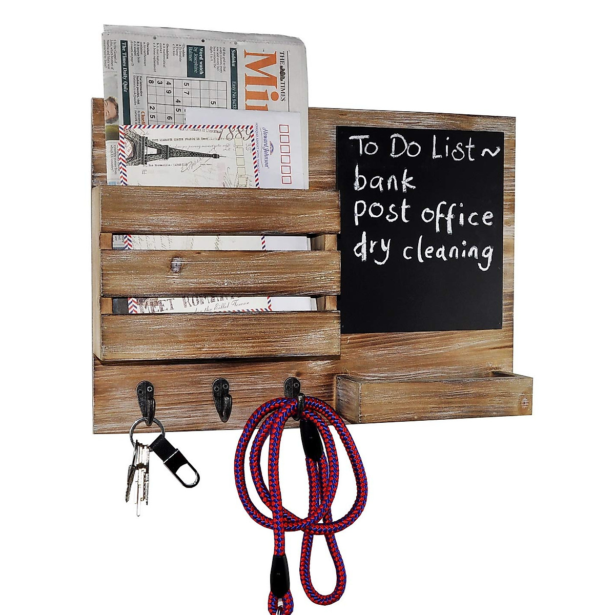 DUCIHBA Key Hooks Holder, Entryway Mail Sorter Envelope Organizer Chalkboard, Leash Purse Hanging Rack, Home Decorative Wall Floating Shelf, 16.5” W x 12" H x 4” D, Rustic Wood Grey