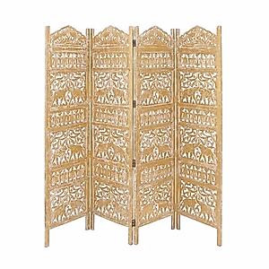 Deco 79 Wooden Scroll Handmade Partition Room Divider Screen Hinged Foldable Partition 4 Panel Privacy Screen with Carved Elephant Accents, Room Partition 80" x 1" x 72", Gold
