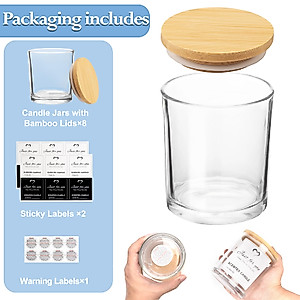 CONNOO 8 Pack 14 OZ Clear Glass Candle Jars with Bamboo Lids for Making Candles, Large Size Empty Candle Tins with Sticky Labels - Leakproof & Dishwasher Safe.