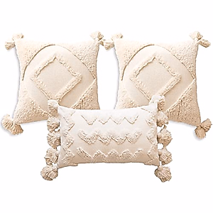 Banilla Throw Pillow Cover Bundle | Featuring a Pair of Hand Tufted Diamond Detailed 18" Pillow Covers & a 12x20 Lumbar Pillow with Chunky Tassels | Natural White