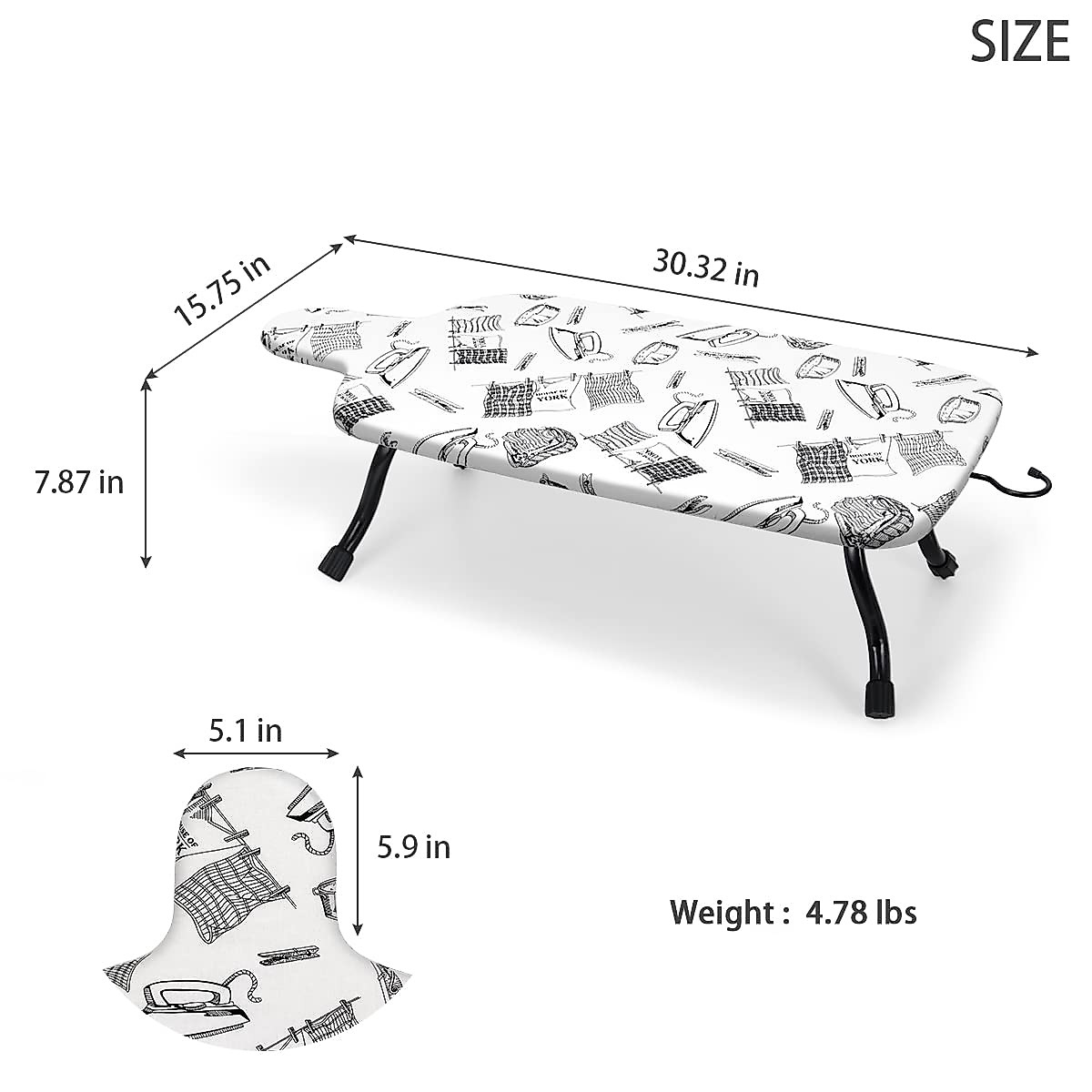 Duwee 15"x30" Table Top Ironing Board Extra Wide with Anti-Rust Hanging Hook and Removable Washable Cotton Cover, Steel Mesh Top Ironing Boards with 10mm Thicken Double Layers Feltpad and Foam,White