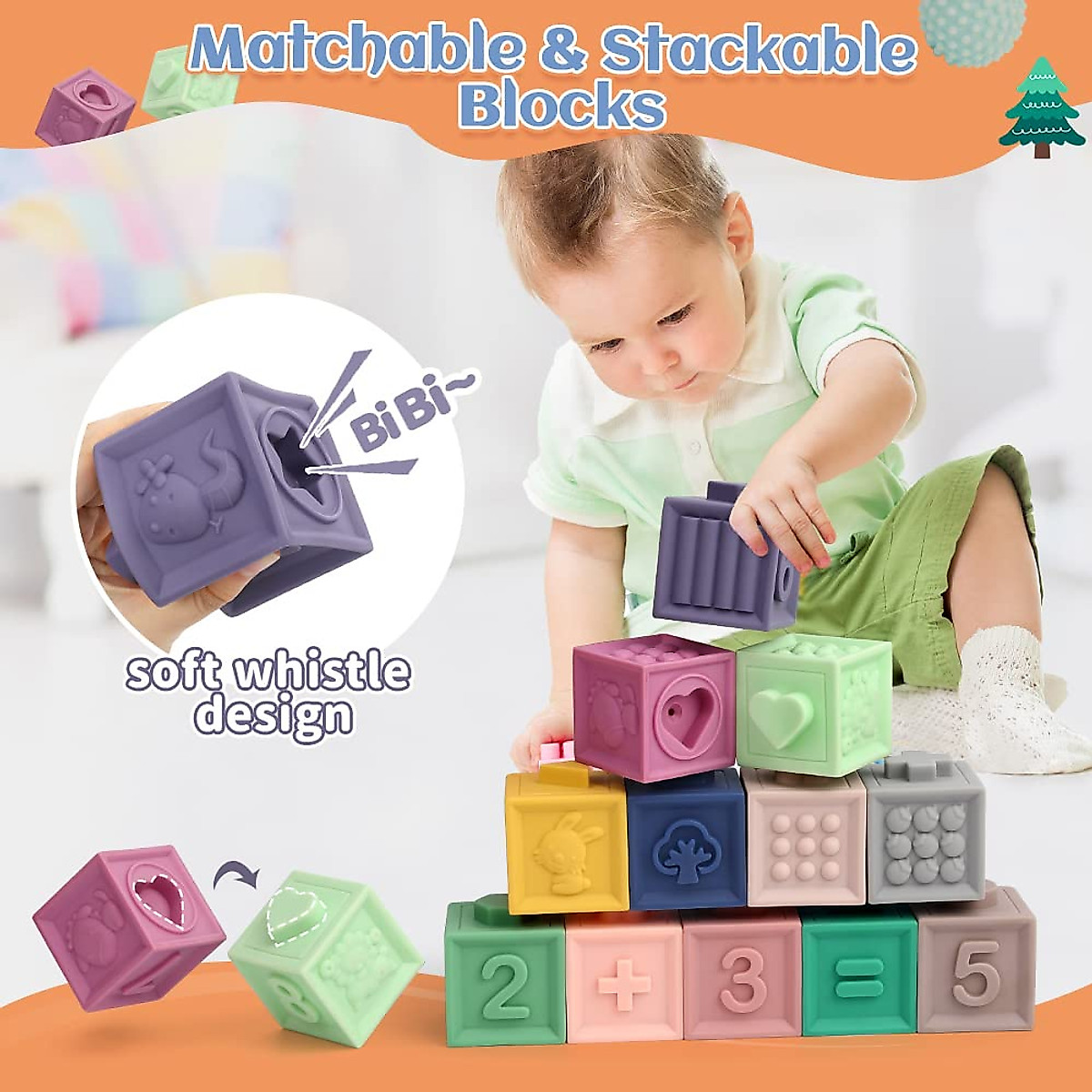 SINOMARS 24pcs Baby Toys 6-12 Months, Montessori Toys for 1 Year Old, Stacking Building Blocks for Toddlers 1-3, Soft Baby Teething Rings Toy for Infant 0-6 Months, Sensory Ball for 0-3-6-9-12 Months