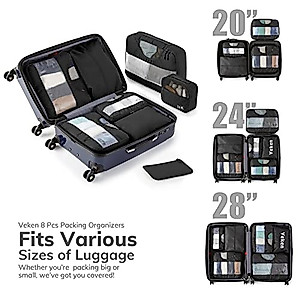 Veken 8 Set Packing Cubes for Suitcases, Travel Bag Organizers for Carry on, Luggage Organizer Bags Set for Travel Essentials Travel Accessories in 4 Sizes(Extra Large, Large, Medium, Small), Black