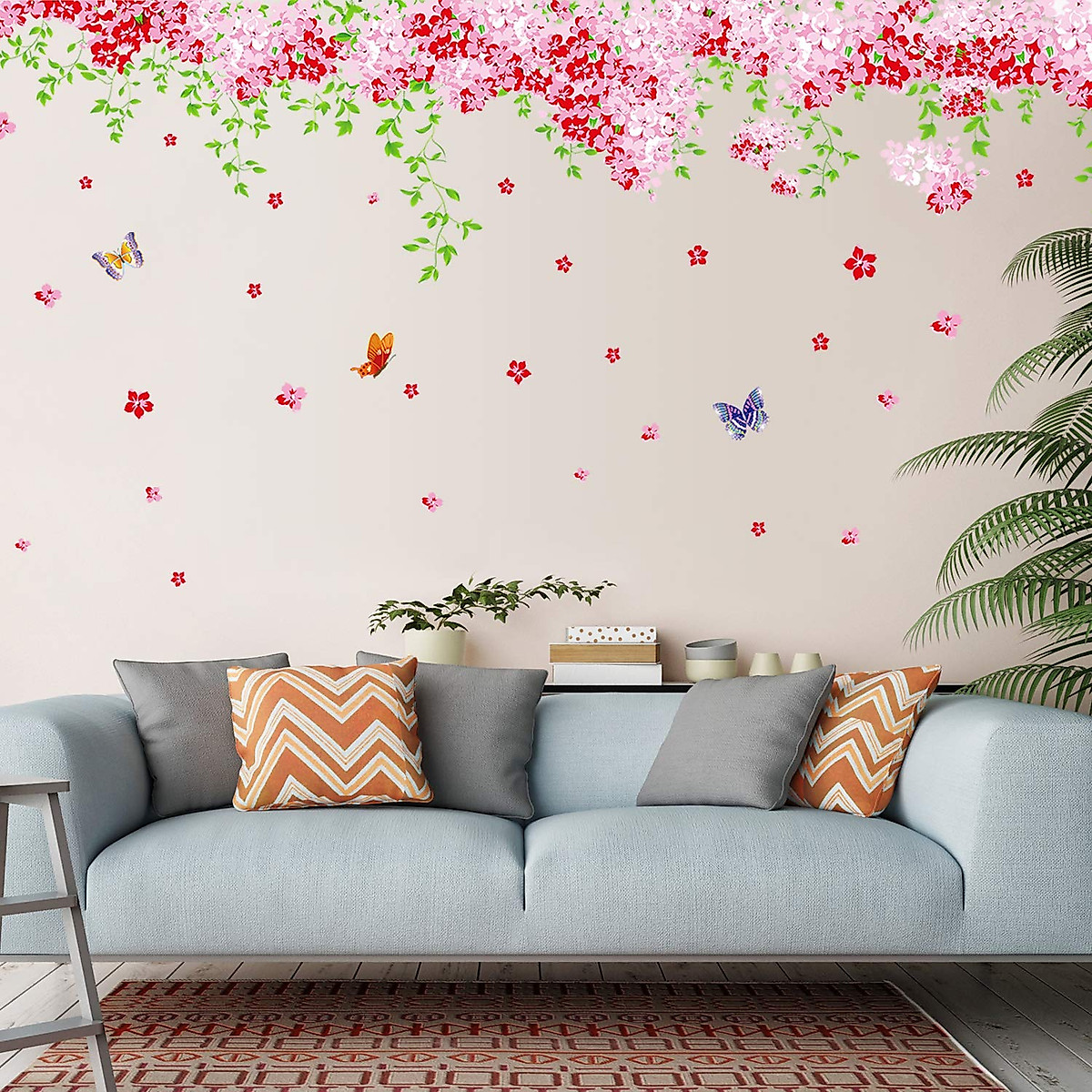 RW-239 Pink Flowers Wall Decals 3D Warm Peach Blossom Wall Stickers DIY Removable Butterfly Cherry Floral Green Tree Leaf Wall Art Decor for Kids Girls Bedroom Living Room Nursery Decoration