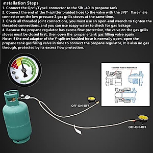 MCAMPAS Low Pressure Propane Regulator Adapter with Tank Gauge Level Indicator .5Feet Y-Splitter Stainless Braided Hose to 3/8" Female Flare Fitting for Most LPG Gas Grill, Heater and Fire Pit Table