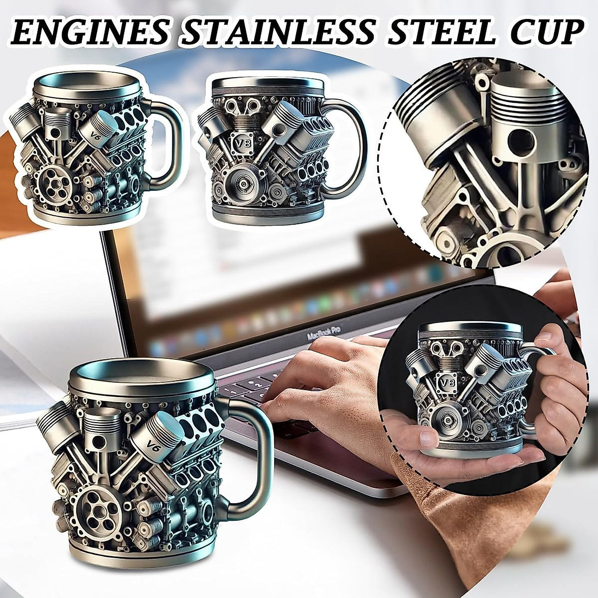 V8 Engines Car Coffee Mug, 15OZ V8 Engine Stainless Steel Cup, Creative Car Engine Coffee Tumbler with Insulated Handle, 3D Stainless Steel Tumbler for Mechanics, for Vehicle Lovers Gift (V6)