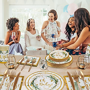 Sage Green Baby Shower Decorations, Oh Baby Theme Neutral Party Tableware Set ; 9" Plates, 7" Plates, Napkins, Cups and Utensils- Floral Gender Reveal Party Supplies for boys & girls -Serve 24