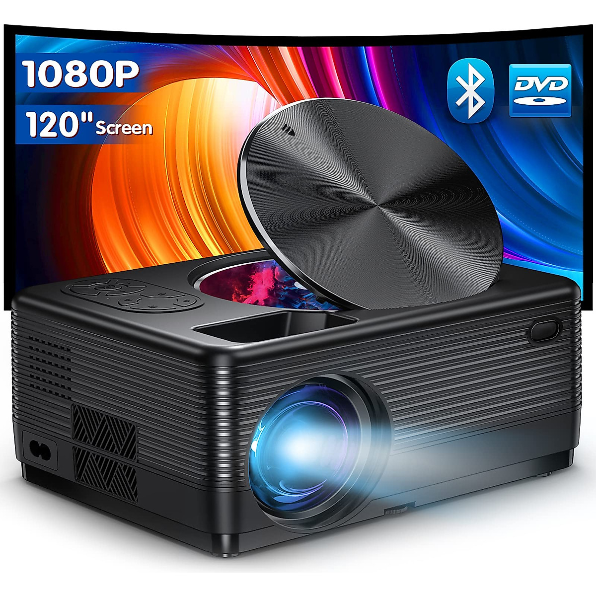 Mini Projector for iPhone, 1080P Bluetooth DVD Projector with Built in DVD Player with 120 inches Screen, Led Portable Video Projector for Outdoor Family Movie Night Compatible Phone/HD/USB