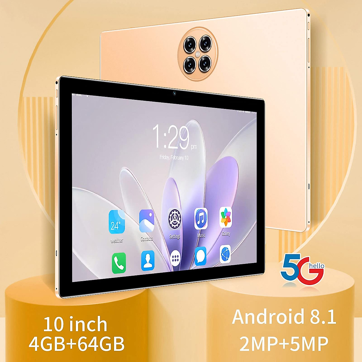 2023 Upgraded Smart Tablet 10 Inch 8Core 4G + 64G Android 8.1 Dual Sim Dual Camera Phone Pad WiFi GPS Phablet Tablet PC US Plug, Gift for Family (Gold)