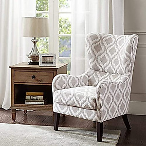 Madison Park Arianna Accent Hardwood, Faux Linen Modern Contemporary Style Living Room Sofa Furniture Swoop Wing Arm Bedroom Chairs Seats, Deep, Ogee Grey