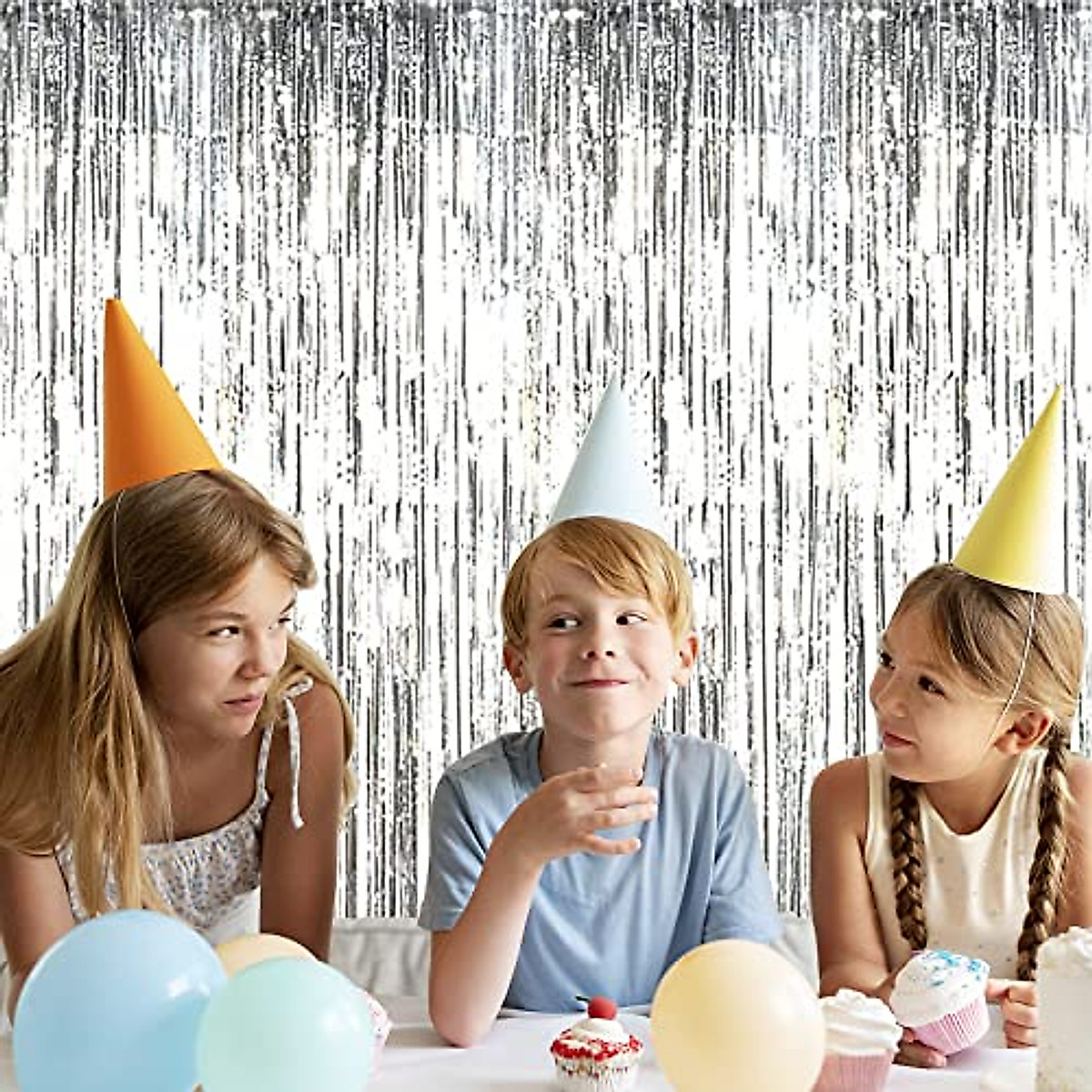 GOER 3.2 ft x 9.8 ft Metallic Tinsel Foil Fringe Curtains Party Photo Backdrop Party Streamers for Birthday,Graduation,New Year Eve Decorations Wedding Decor (Silver,1 Pack)