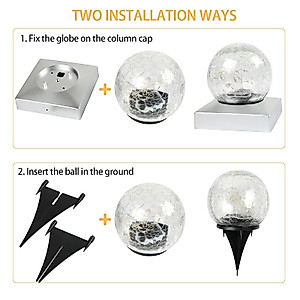 4 Solar Post Cap Lights Outdoor 2-in-1 Landscape Garden Ball Lights Cracked Glass Globe Lights Waterproof 5x5 In-Ground Spike Light for Posts Garden Yard Patio Pathway Deck Decor (Multi-Colors)