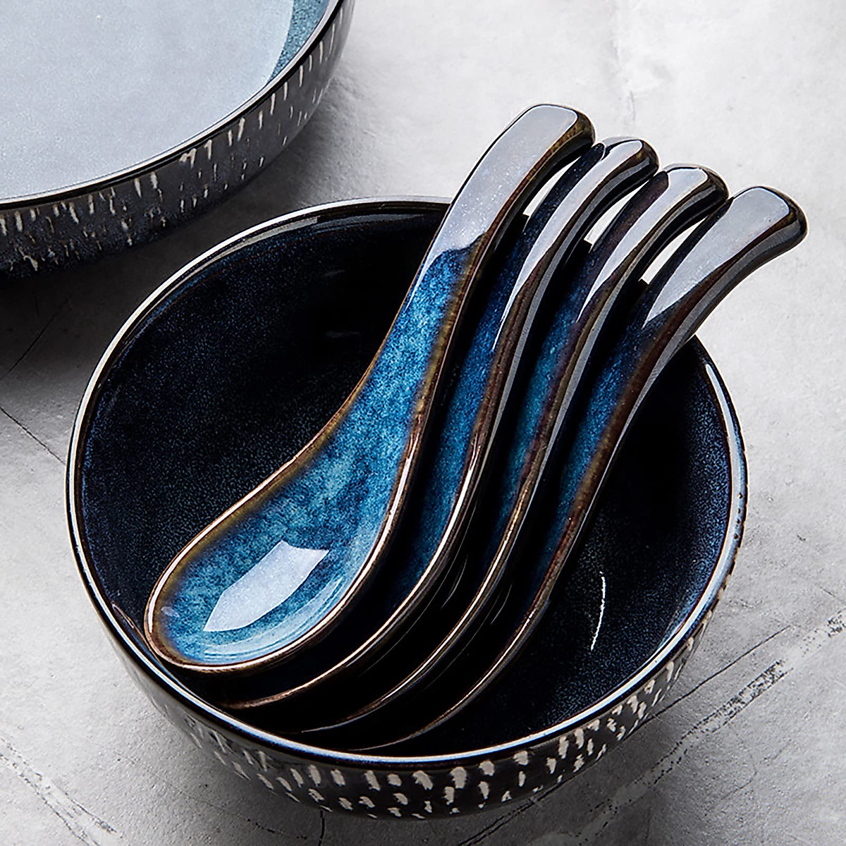 HUTNUOY Japanese Ramen Soup Spoons Asian Blue Ceramic Soup Spoon for Pho Dessert Noodle 5 Pcs